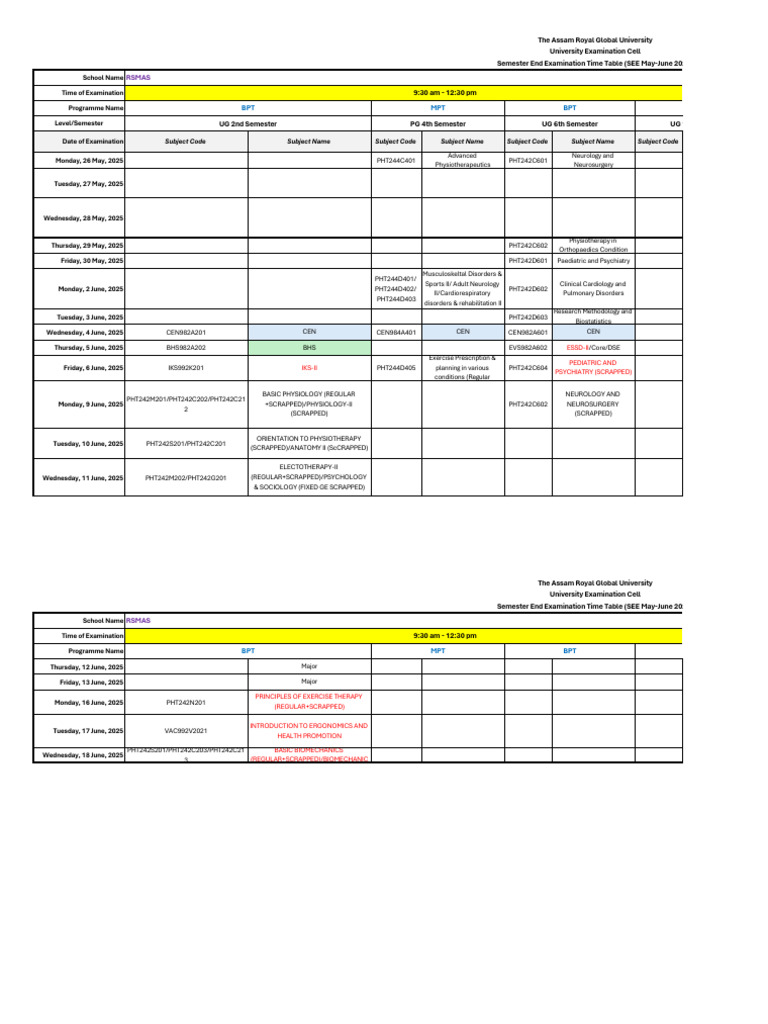 Physiotherapy Exam Schedule 2025 | PDF | Physical Therapy | Clinical ...