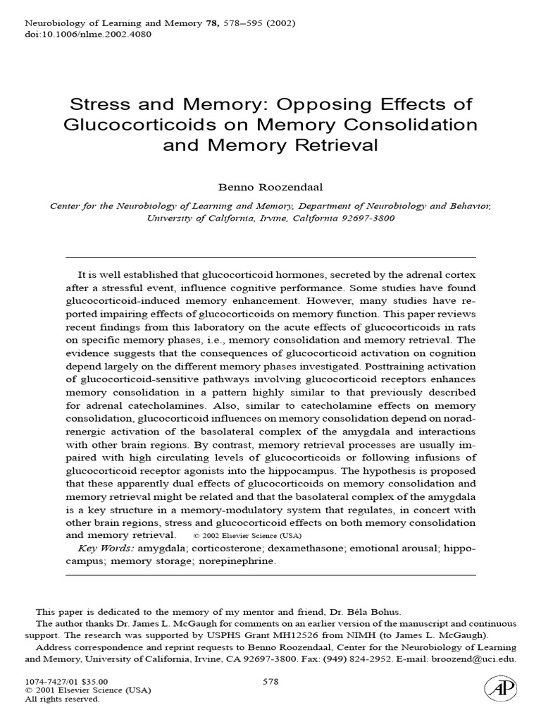 Stress and Memory Opposing Effects of GL | PDF | Memory | Amygdala