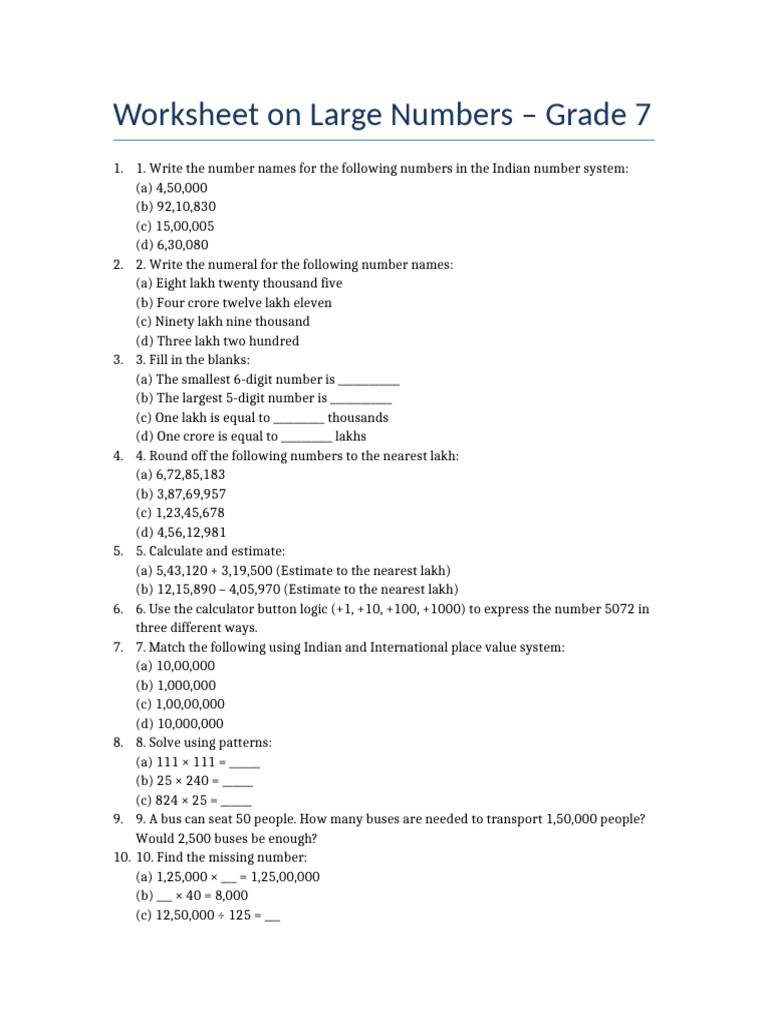 Worksheet Chapter1 Large Numbers Grade7 | PDF