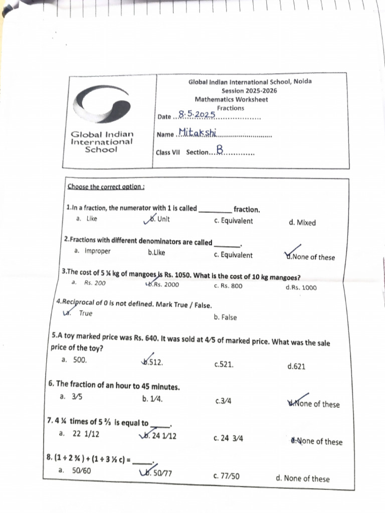 Chapter 2 - Fractions Worksheet | PDF