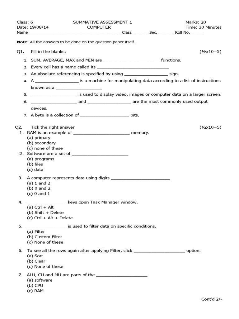 Cbse Class 6 Sa1 Computer 2014 | PDF | Computer File | Input/Output