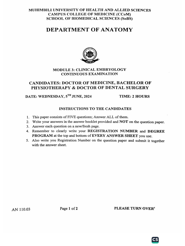 Embryology CAT Theory 2024 by MD Daniel | PDF