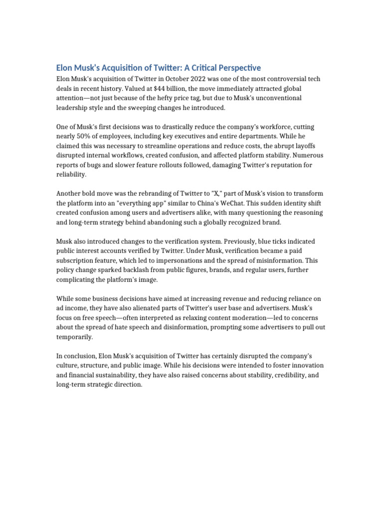 Elon Musk Twitter Essay | PDF