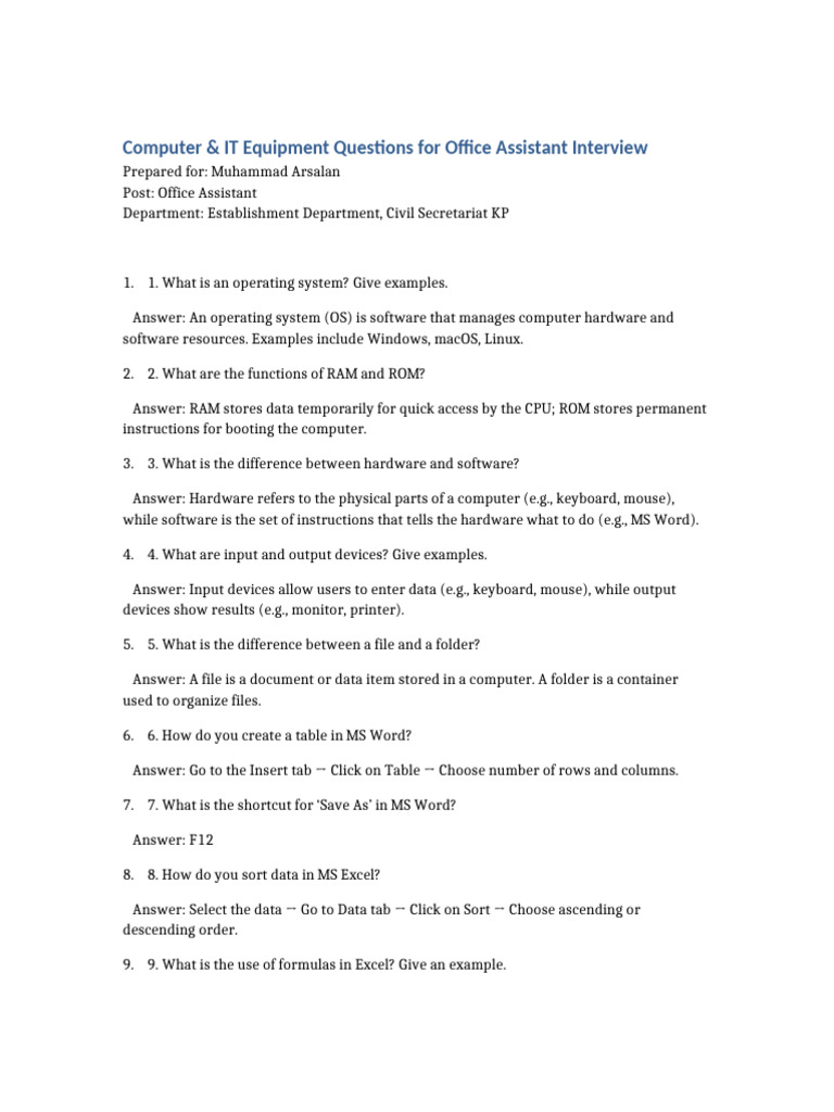Office Assistant IT Interview Questions | PDF | Operating System ...