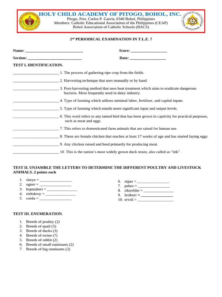TLE 7 Periodical Exam: Poultry & Livestock | PDF | Livestock | Agriculture