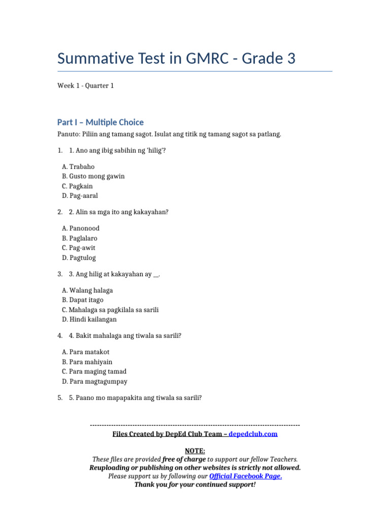 Summ - Test GMRC 3 q1 w1 | PDF