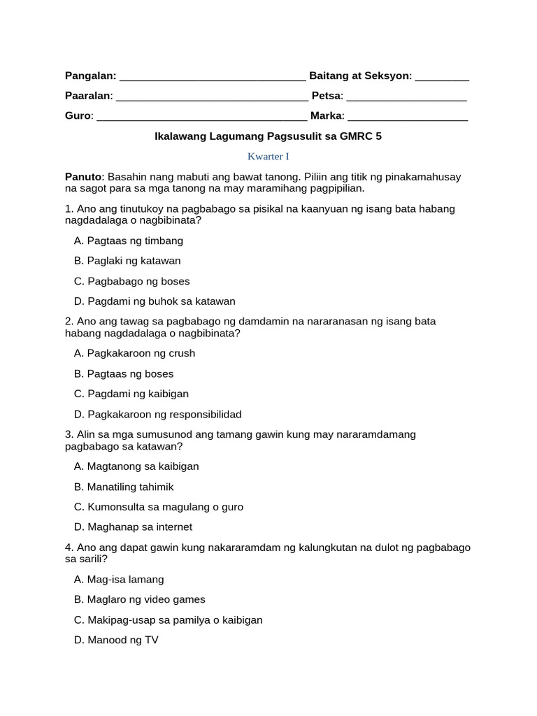 Summative Test GMRC 5 | PDF