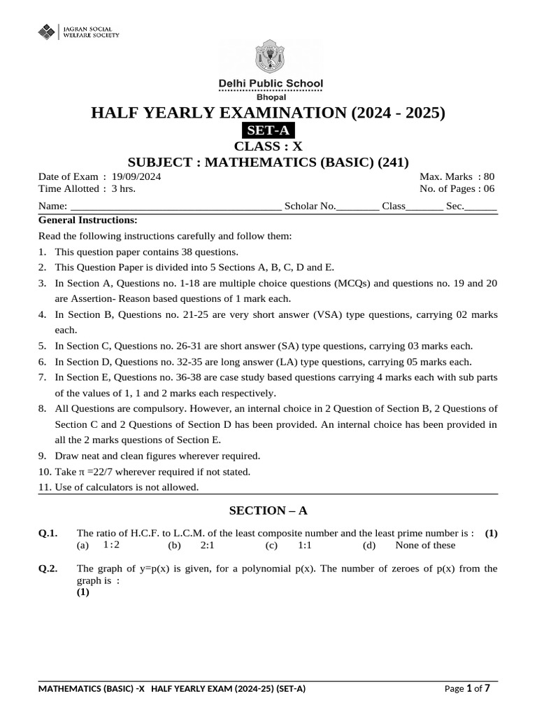 Class X Mathematics Half-Yearly Exam 2024 | PDF | Zero Of A Function ...