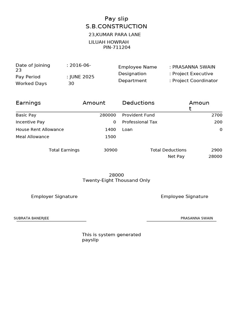 June 2025 Pay Slip for Prasanna Swain | PDF