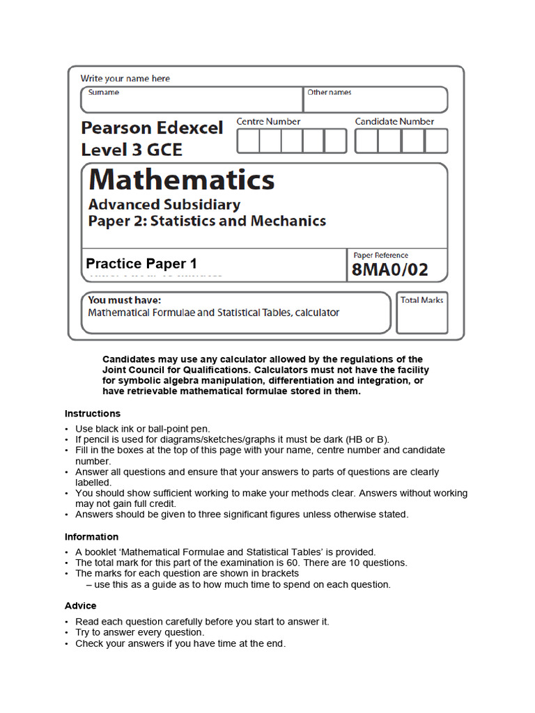 8MA0 02 As Statistics Mechanics Practice Paper 1 Y12 HW 1306 | PDF | Statistical Significance ...
