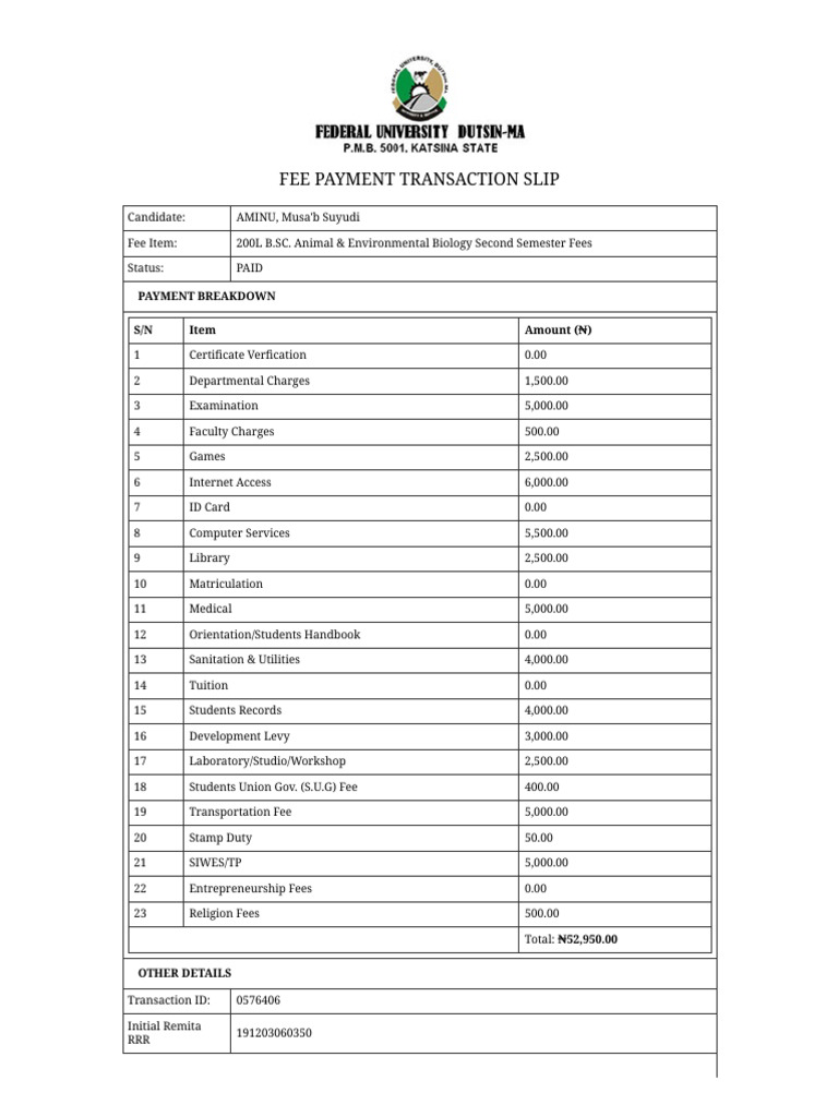 Dutsinma University Fee Payment Slip | PDF | Fee | Money