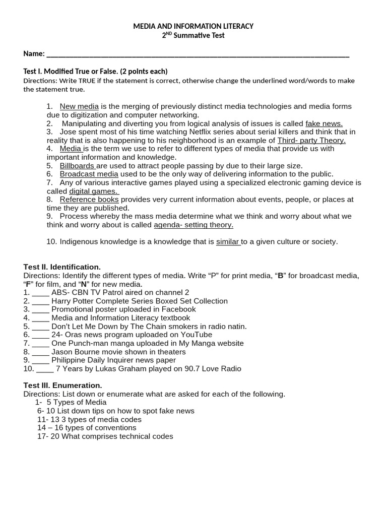 Media and Information Literacy Test | PDF | Human Communication