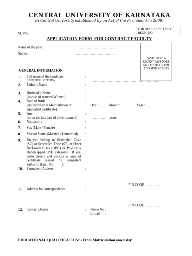 Application Form Contract Faculty | PDF | Academic Degree | Doctor Of Philosophy