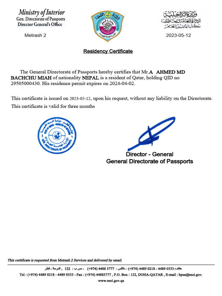 Residency Certificate 29505000430 e | PDF