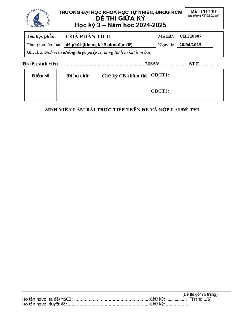Cht10007 - Hoa Phan Tich - 23ckh Midterm | PDF