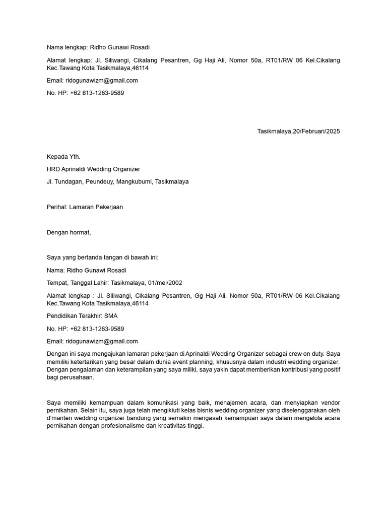 Surat Lamaran Ceng Ridho | PDF