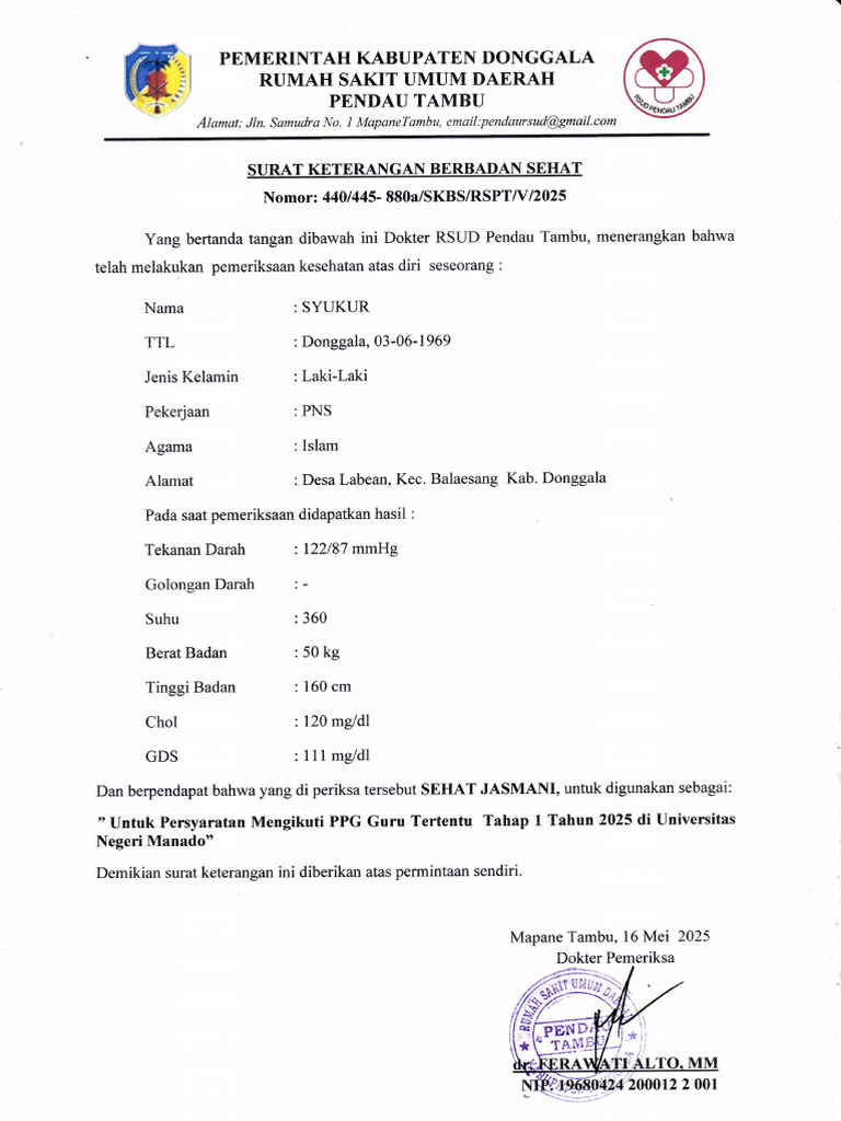 Sykur 201501091282 Surat Keterangan Sehat | PDF