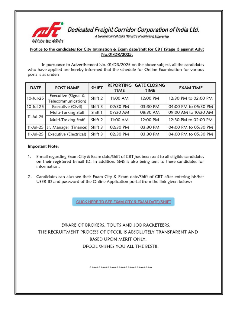 Notice For City and Exam Date Shift OTV8 | PDF