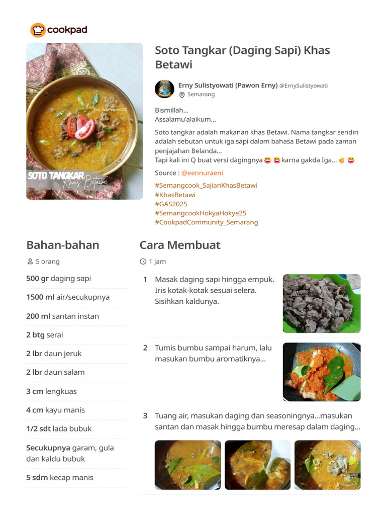 Resep Soto Tangkar (Daging Sapi) Khas Betawi Oleh Erny Sulistyowati ...