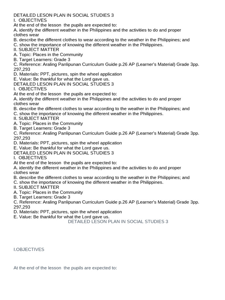 Detailed Leson Plan in Social Studies 3 | PDF | Lesson Plan | Curriculum