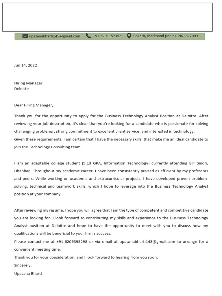 Deloitte Cover Letter for Analyst Role | PDF