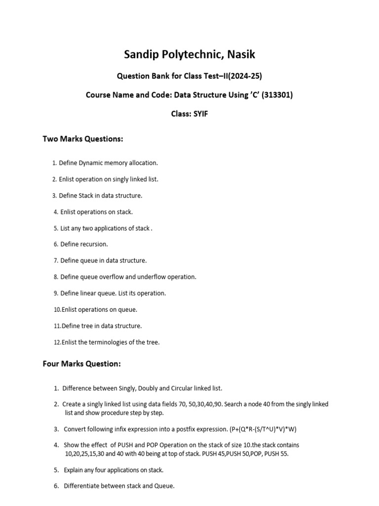 Class Test II QB DSU IF | PDF