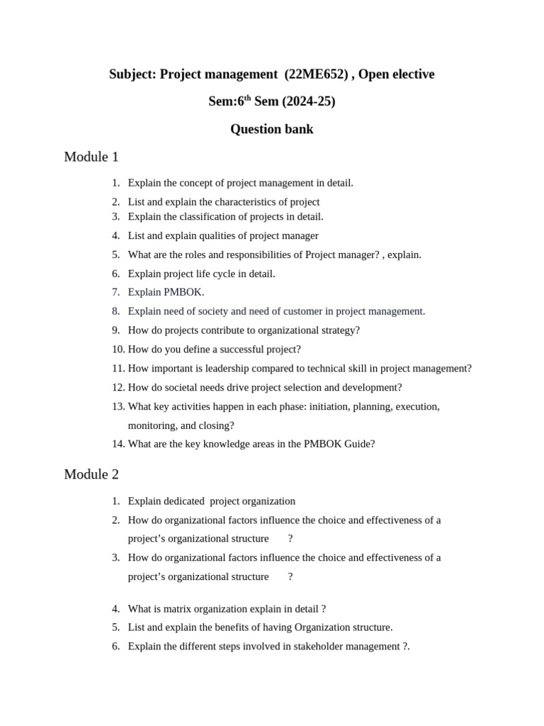 Project Management Question Bank 2024 | PDF | Project Management | Business