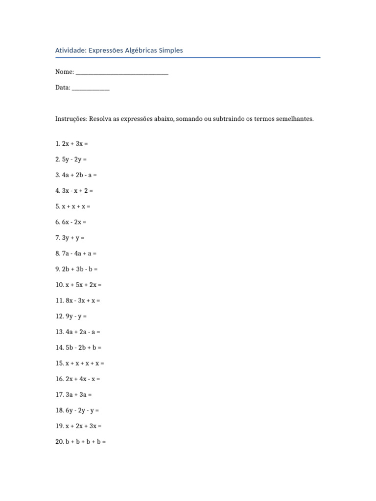 Atividade Expressoes Algebricas | PDF