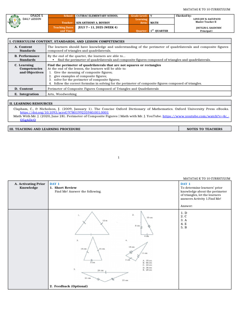 DLL Matatag - Mathematics 5 q1 w4 | PDF | Shape | Length