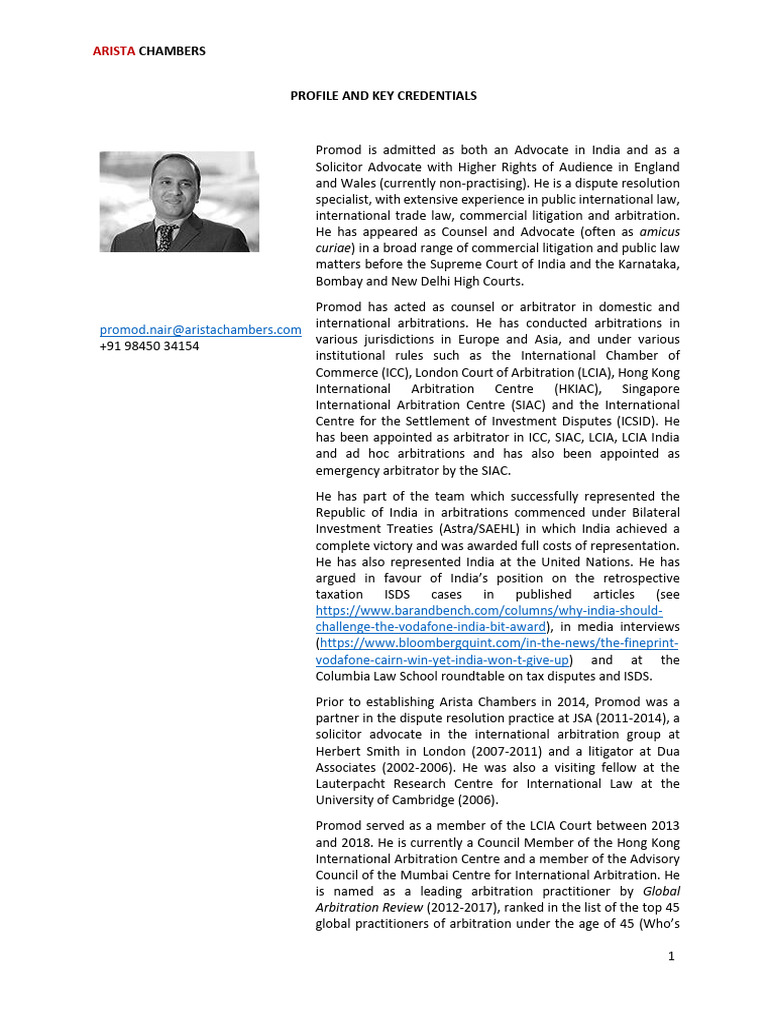 Promod Nair - CV and Credentials | PDF | Arbitration | Justice
