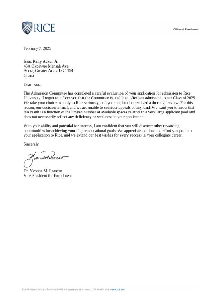 Rice Letter of Admission | PDF