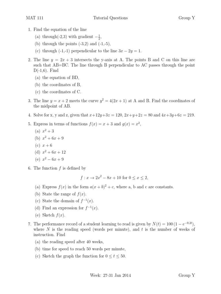 MAT 111 Tutorial 4 | PDF