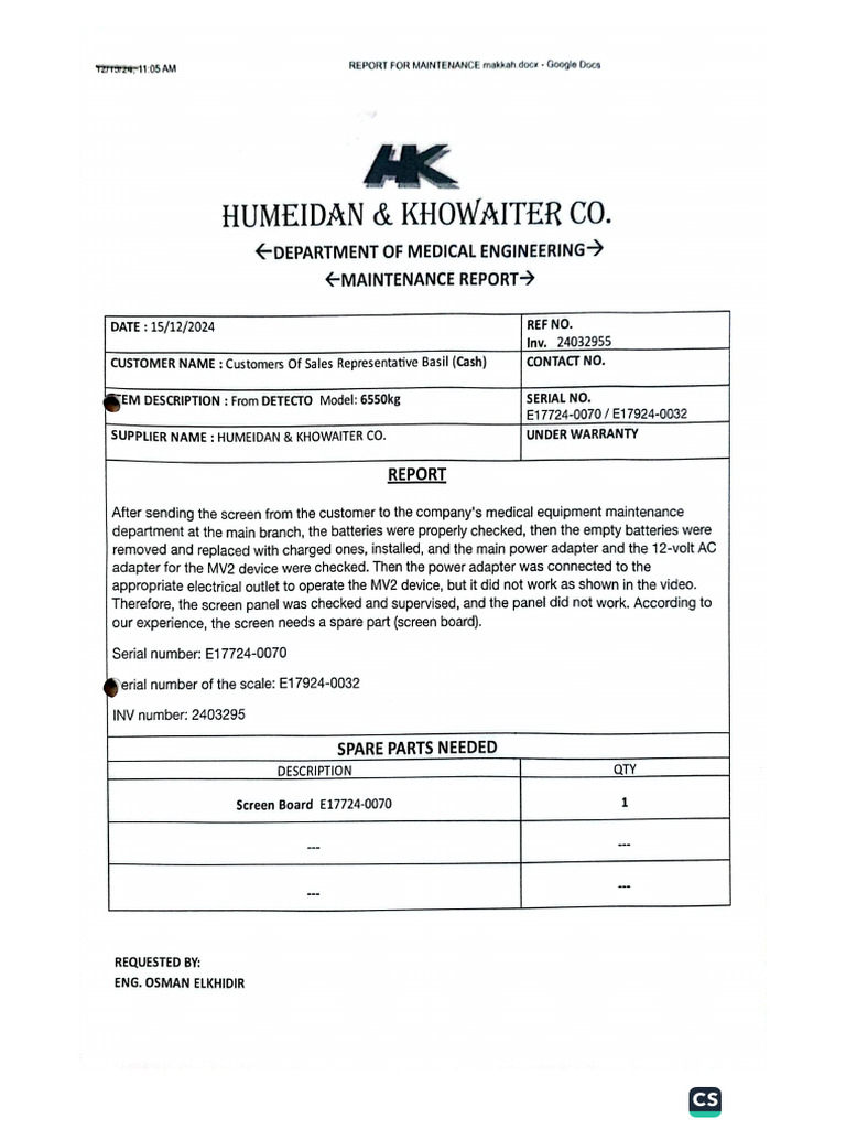 Wheelchair Scale Maintenance Report | PDF