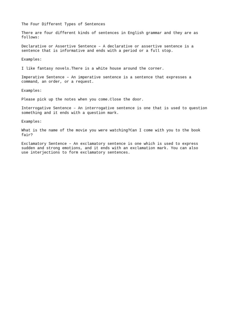 The Four Different Types of Sentences | PDF