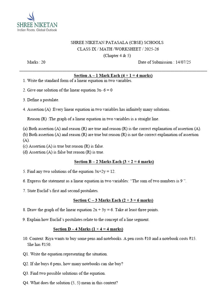 G 9 Math Weekend Worksheet (12 Jul 25) | PDF