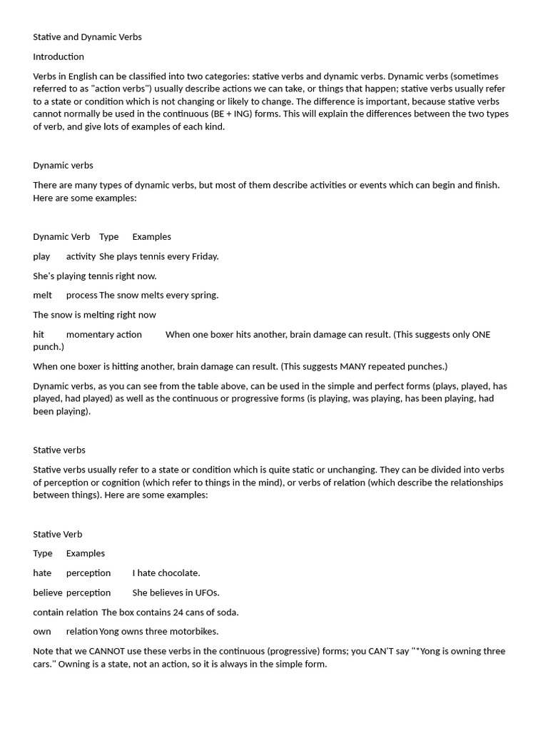 Understanding Stative and Dynamic Verbs | PDF | Verb | Syntax