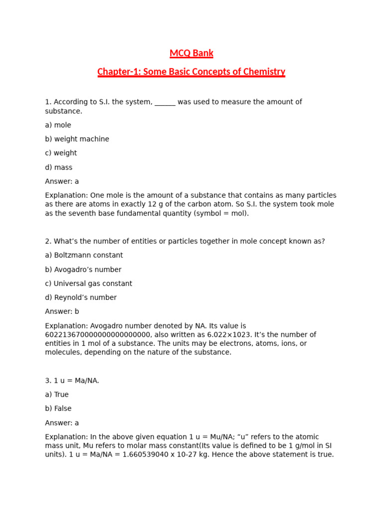 MCQ Bank Ch-Basic Concepts - Answer Key | PDF | Mole (Unit) | Molecules
