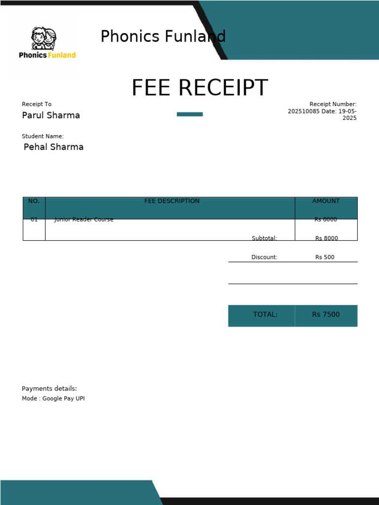 Phonics Funland Fee Receipt | PDF
