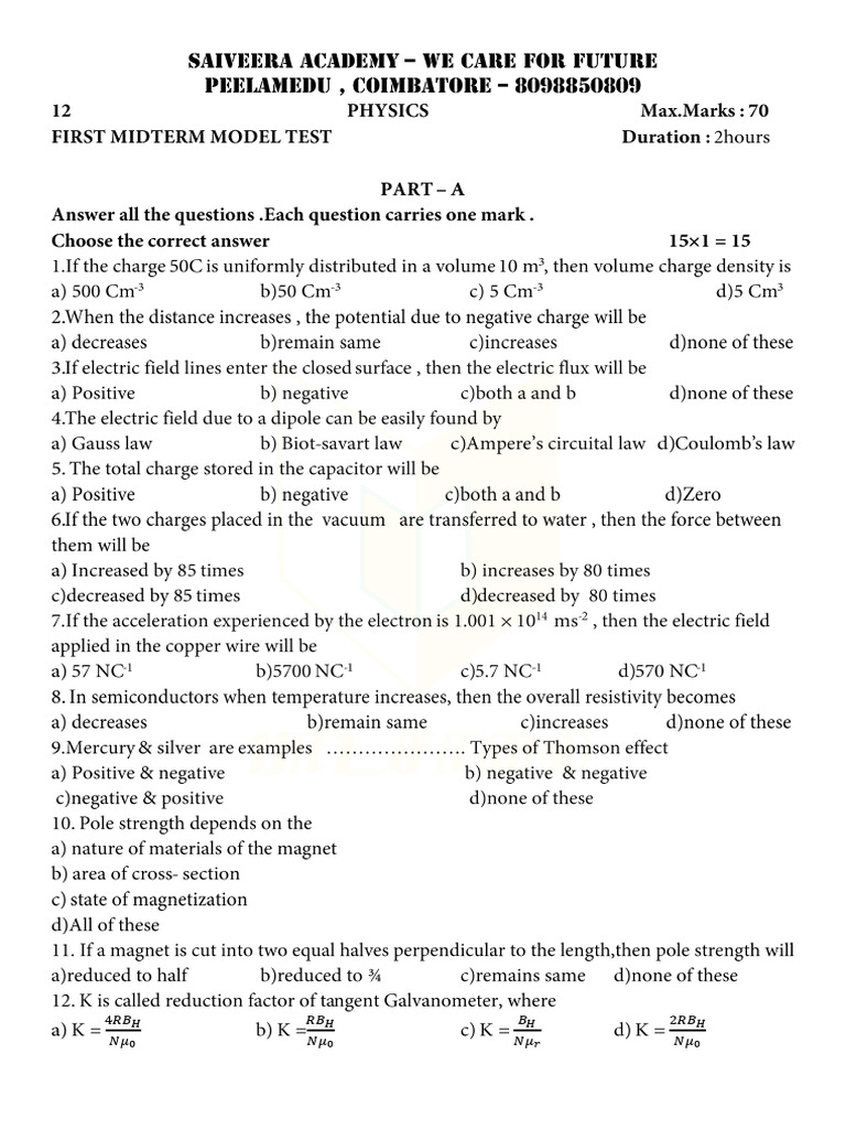 12th Physics First Midterm Test Model Question Paper With Key English ...