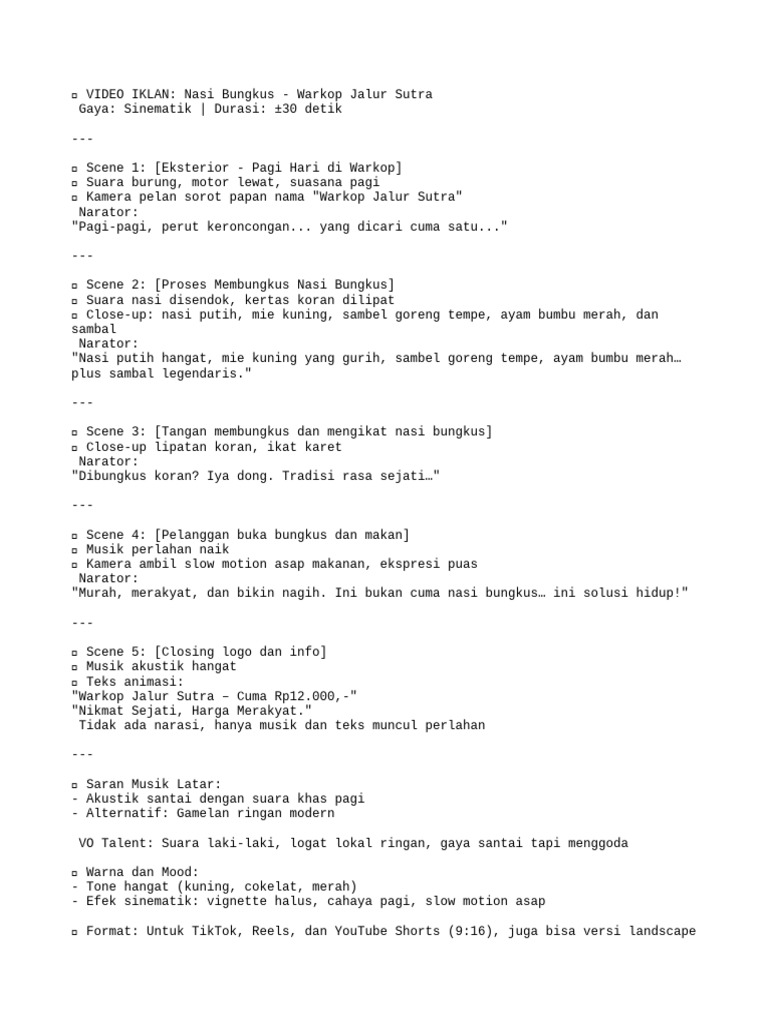 Skrip Video Nasi Bungkus Warkop Jalur Sutra | PDF