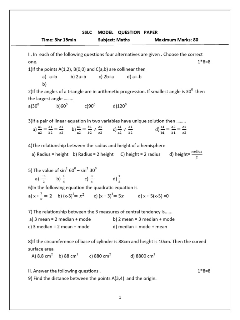 10th STD Maths Practice Paper Eng Version 2022 Byndoor Odel Paper Eng ...