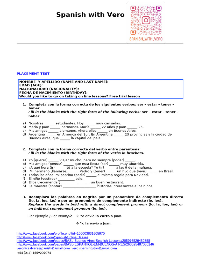 SpanishwVero Placement Test | PDF | Relaciones sintácticas | Morfología ...