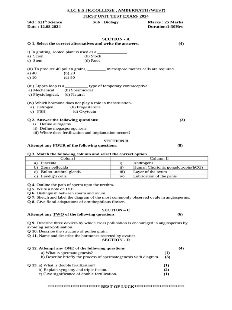 Biology XII First Unit Test 2024 | PDF | Fertilisation | Flowers