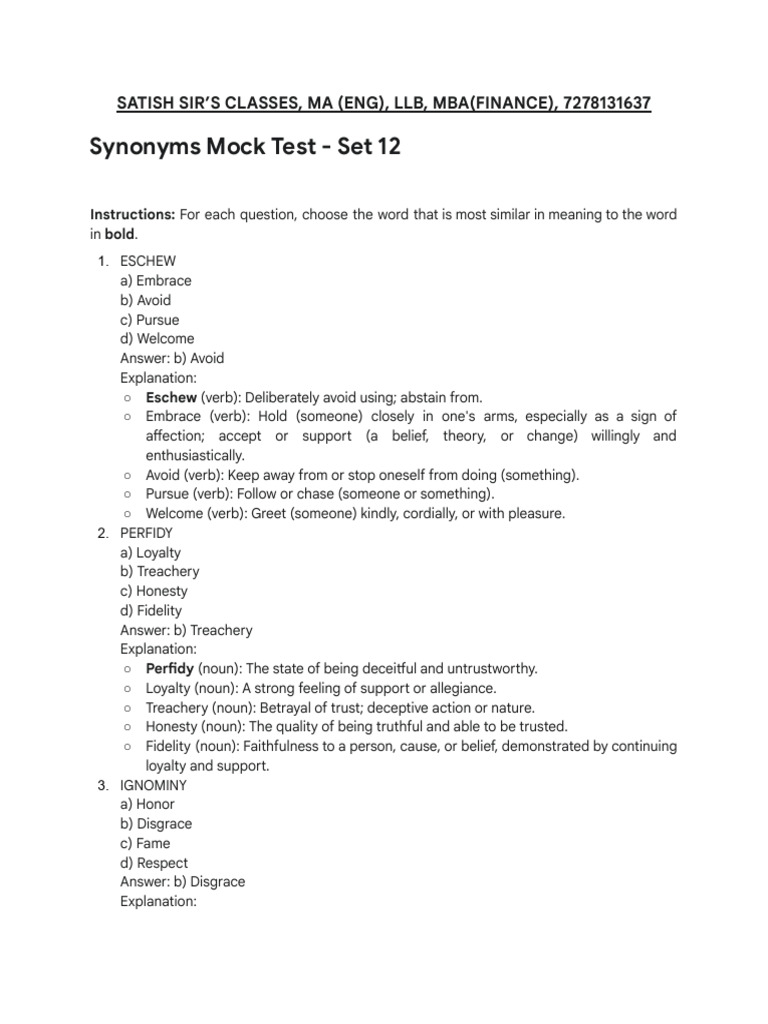 Synonyms Mock Test - Set 12 | PDF | Adjective | Noun