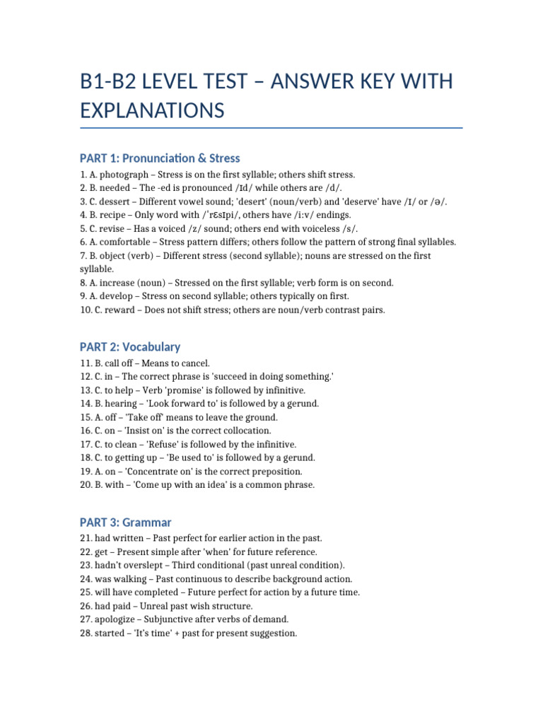 B1 B2 Level Test Answer Key With Explanations | PDF