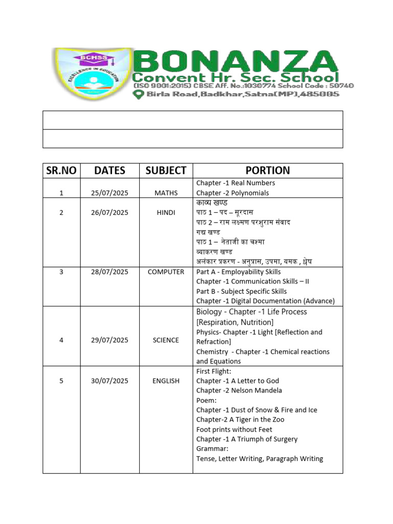 10th Class Unit Test Schedule 2025-26 | PDF