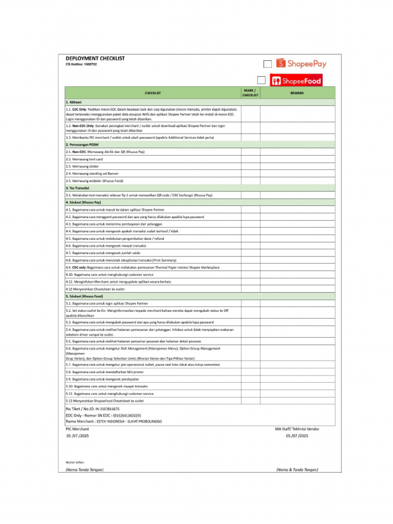 Checklis Shopee Esteh | PDF