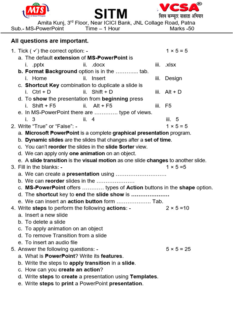MS-PowerPoint Exam Questions and Answers | PDF