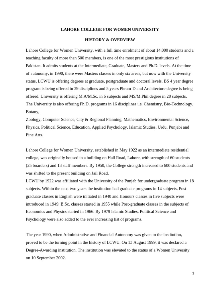 Overview of LCWU Programs and History | PDF | Postgraduate Education ...