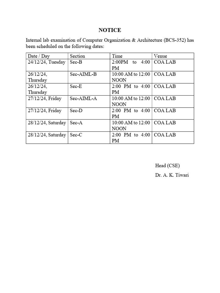 Coa Lab Schedule (Internal) | PDF